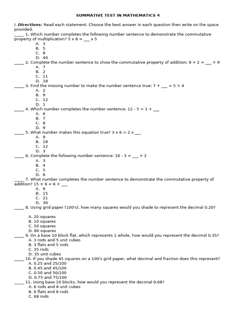 Math4 Q4 W3 4 Summative Test 2 | PDF | Numbers | Decimal