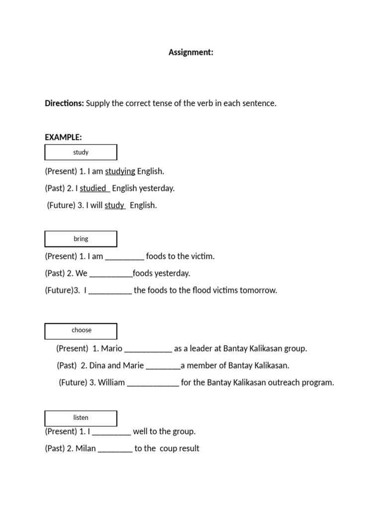 Verb Tense Exercise Assignment | PDF