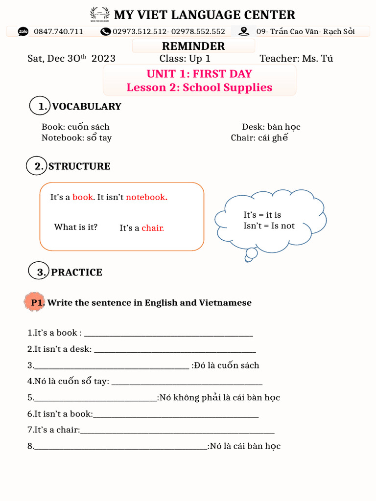 Reminder UP1 Unit1 Lesson 2 (3) | PDF