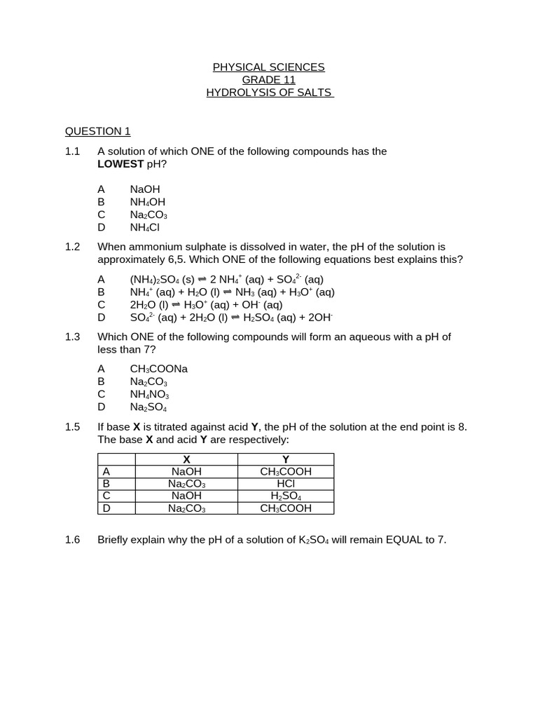 Grade 11 Physical Science Hydrolysis | PDF | Sodium Carbonate | Ph