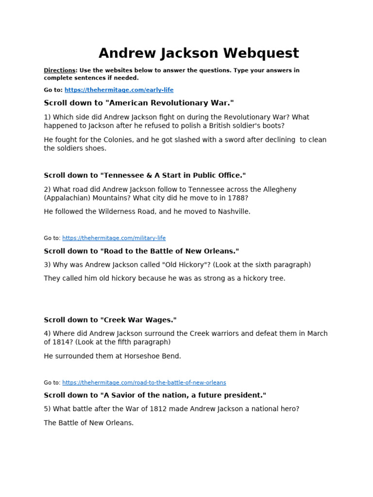 Andrew Jackson Webquest: Scroll Down To "American Revolutionary War ...