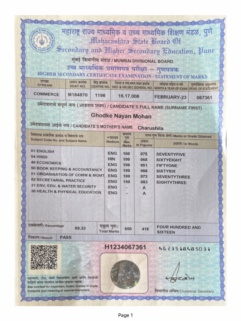 HSC Marksheet Nayan | PDF