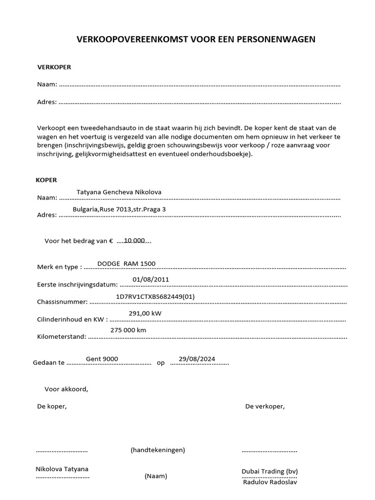 Verkoopsovereenkomst_auto Dodge Ram | PDF