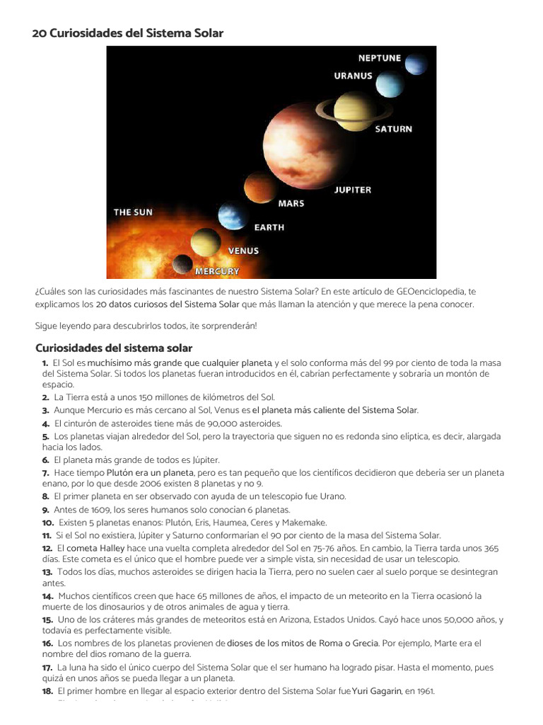 20 Curiosidades Del Sistema Solar | PDF | Sistema solar | Planetas