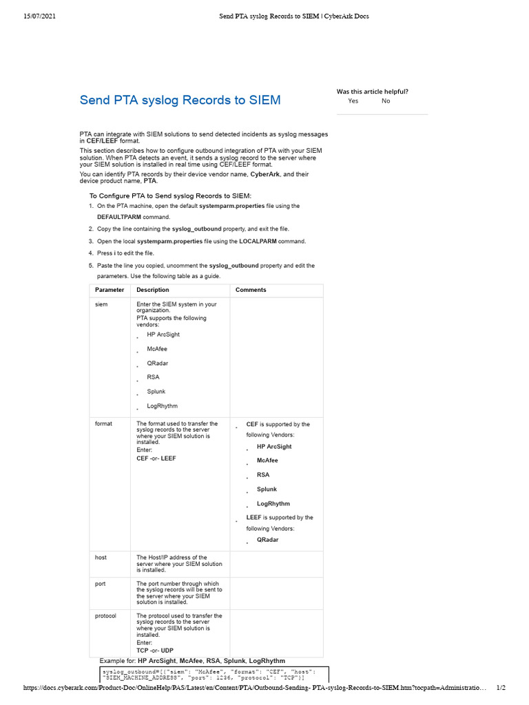 Send PTA Syslog Records To SIEM - CyberArk Docs | PDF | Telecommunications | Computer Networking