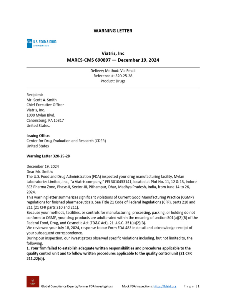Viatris Warning Letter | PDF | Food And Drug Administration | Audit
