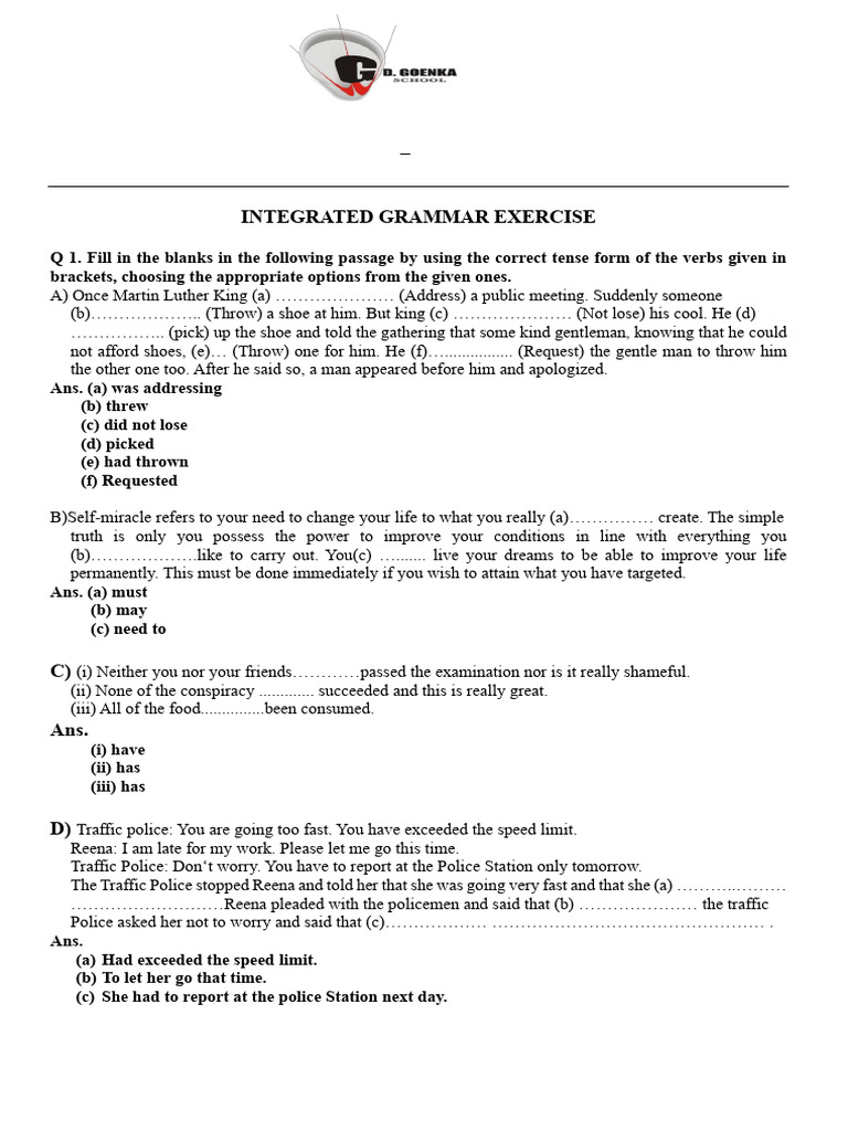Class 11 Integrated Grammar Worksheet | PDF