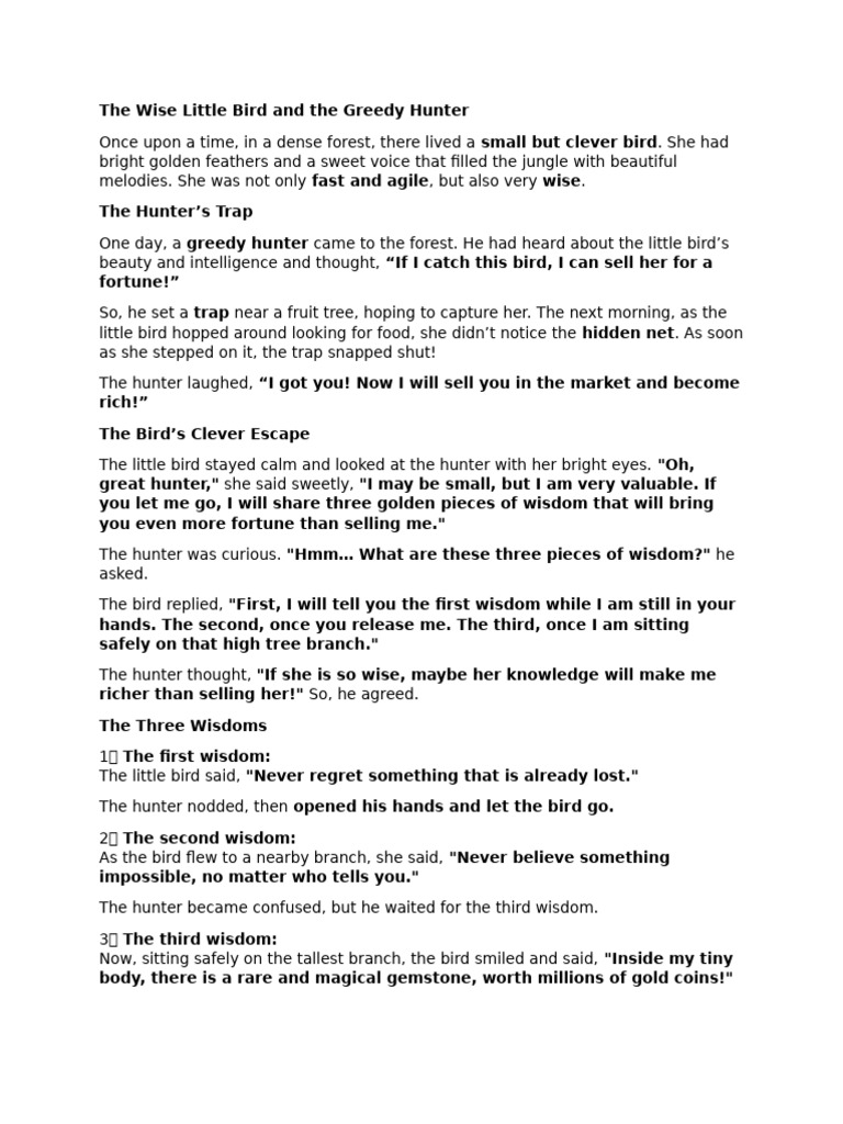 The Wise Little Bird and The Greedy Hunter | PDF