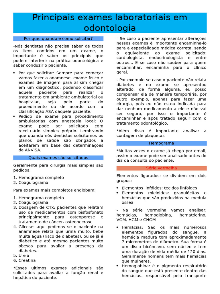 Exames Laboratoriais Essenciais em Odontologia | PDF | Sangue | Odontologia
