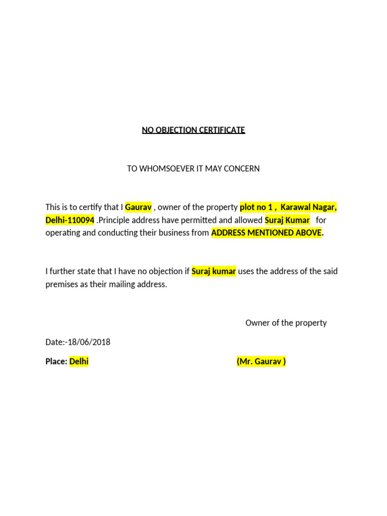 No Objection Certificate for Business Use | PDF