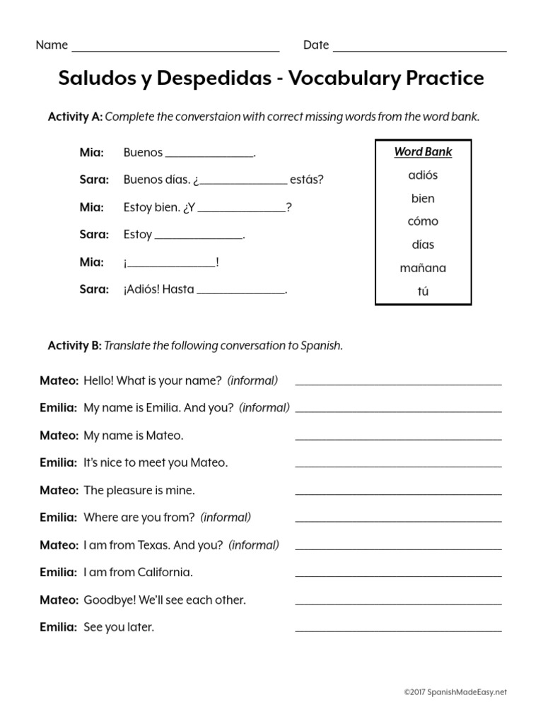 Spanish Greetings Vocabulary Exercise | PDF