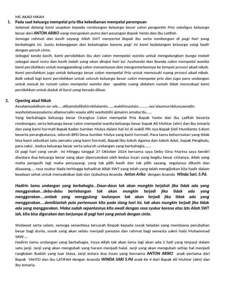 Mc Akad Dan Resepsi Winda Dan Anton | PDF