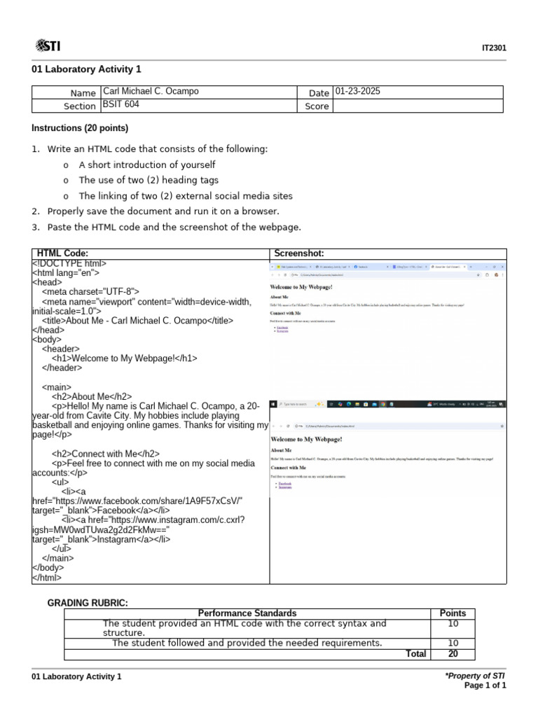 01 Laboratory Activity 1 Ocampo | PDF