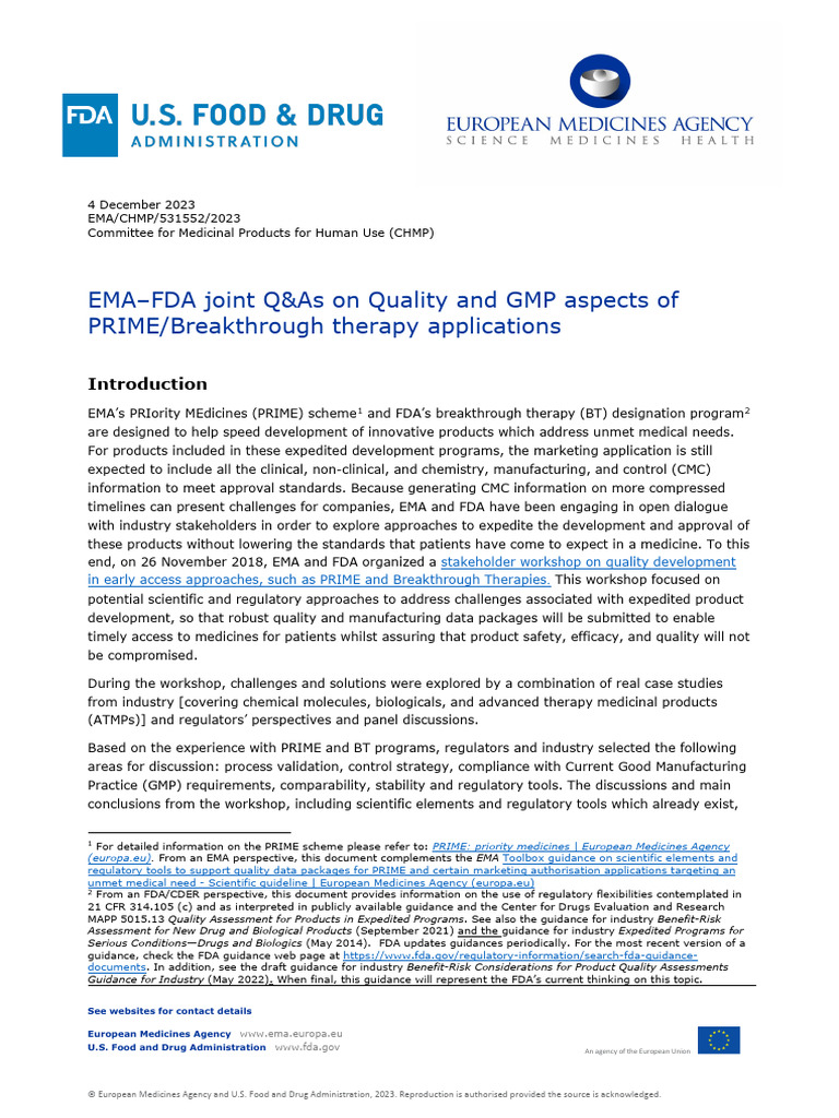 Ema Fda Joint Qas Quality and GMP Aspects Prime Breakthrough Therapy ...