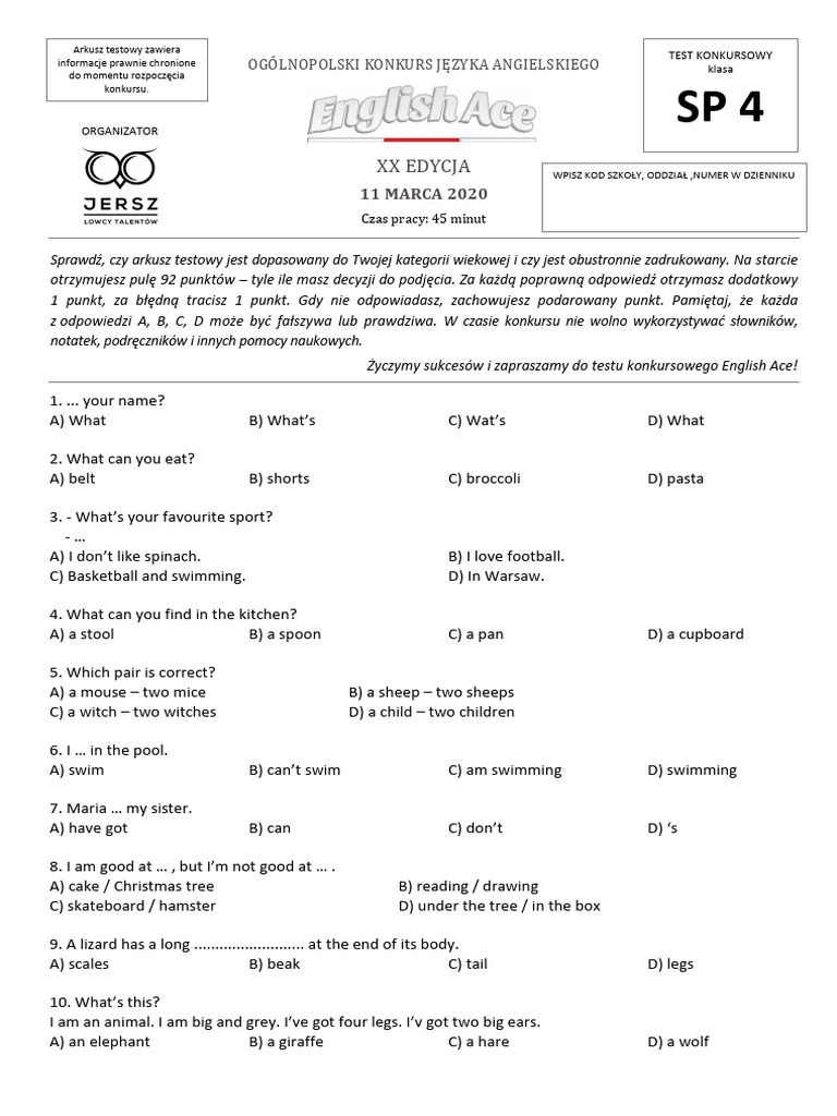 Konkurs Angielski Klasa 4 2020 | PDF