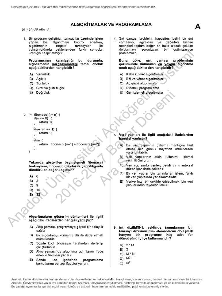 aöf algoritma güz çıkmış sorular-1 | PDF