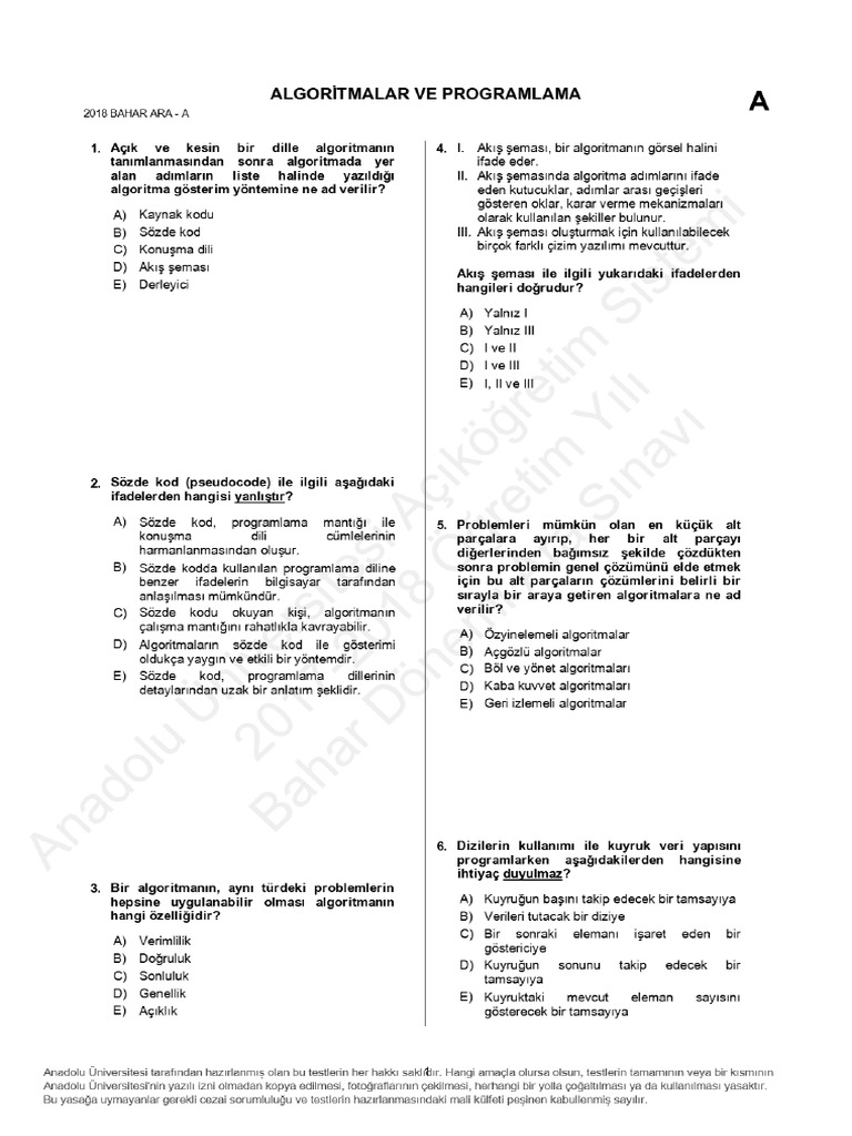 Aöf Algoritma Çıkmış Sorular-2 | PDF