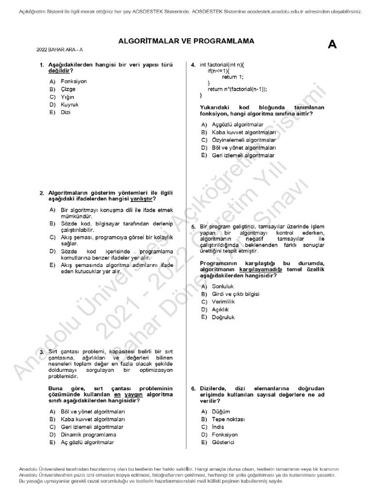aöf algoritma çıkmış sorular-4 | PDF