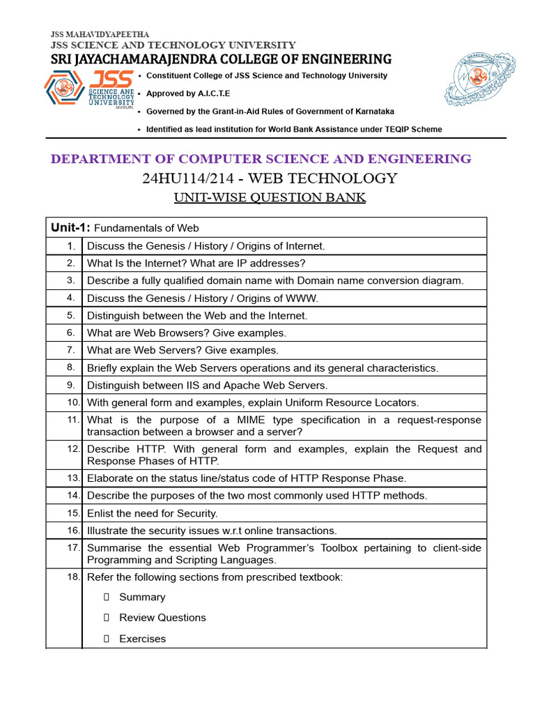 24HU114 - 214-Web Technology - Unit-Wise Question Bank | PDF | Html | World Wide Web
