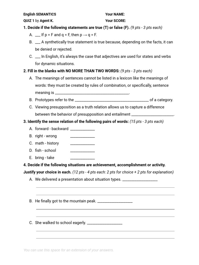 English Semantics - Quiz 1 | PDF | Semantics | Linguistic Morphology