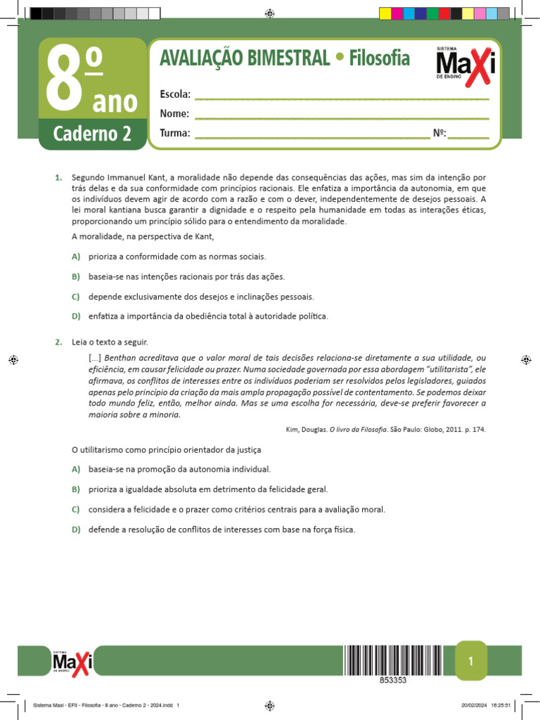 Sistema Maxi - EFII - Filosofia - 8 Ano - Caderno 2 - 2024 | PDF | Moralidade | Utilitarismo