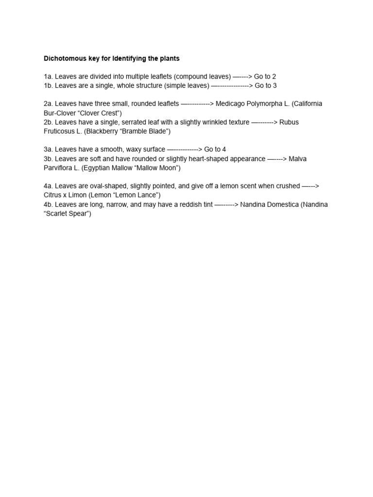 Plant Identification Dichotomous Key | PDF