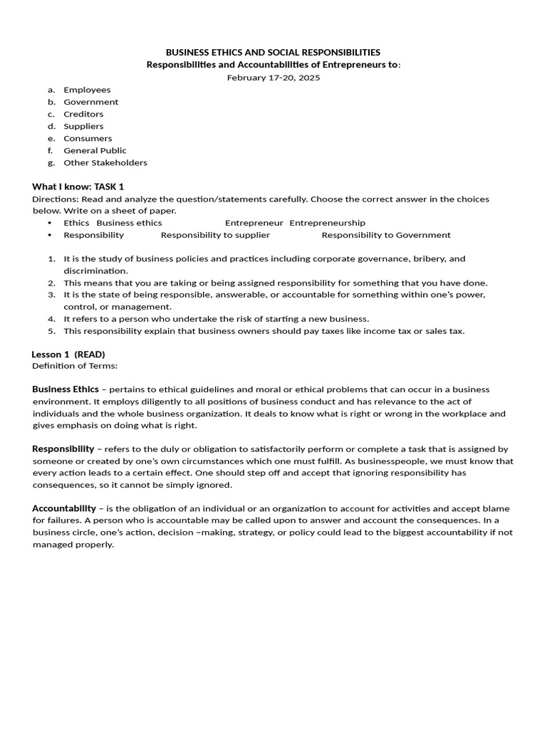 BUSINESS-ETHICS-ACTIVITY-SHEETS-2ND-QUARTER-WEEK-1 | PDF | Employment ...