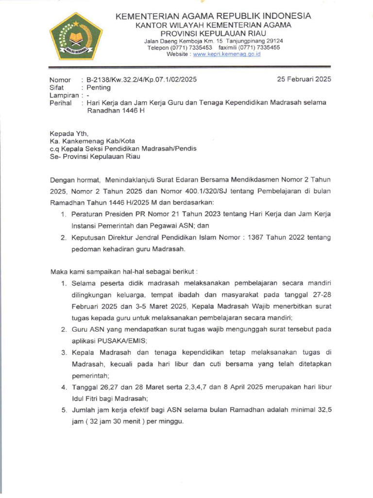 Surat Libur Guru Dan Tendik 202520250227 | PDF