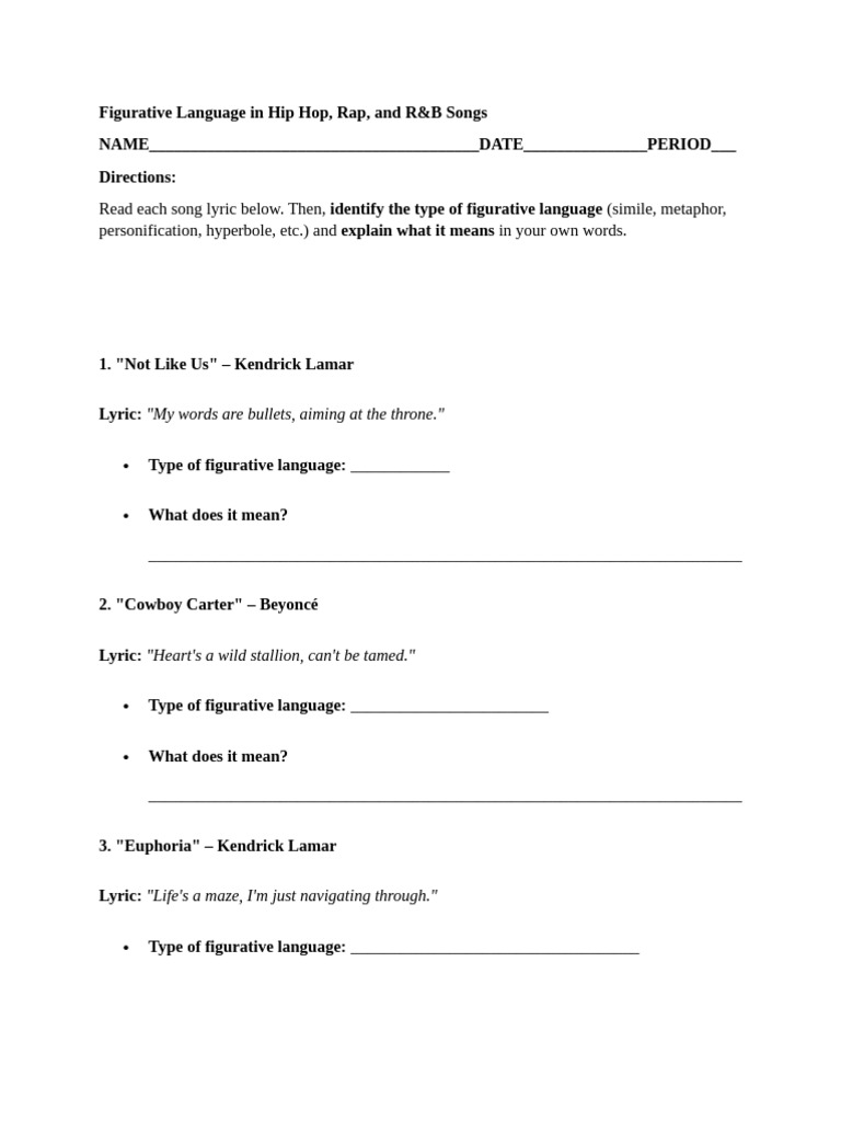 Figurative Language in Hip Hop WORKSHEET | PDF | American Popular Music ...