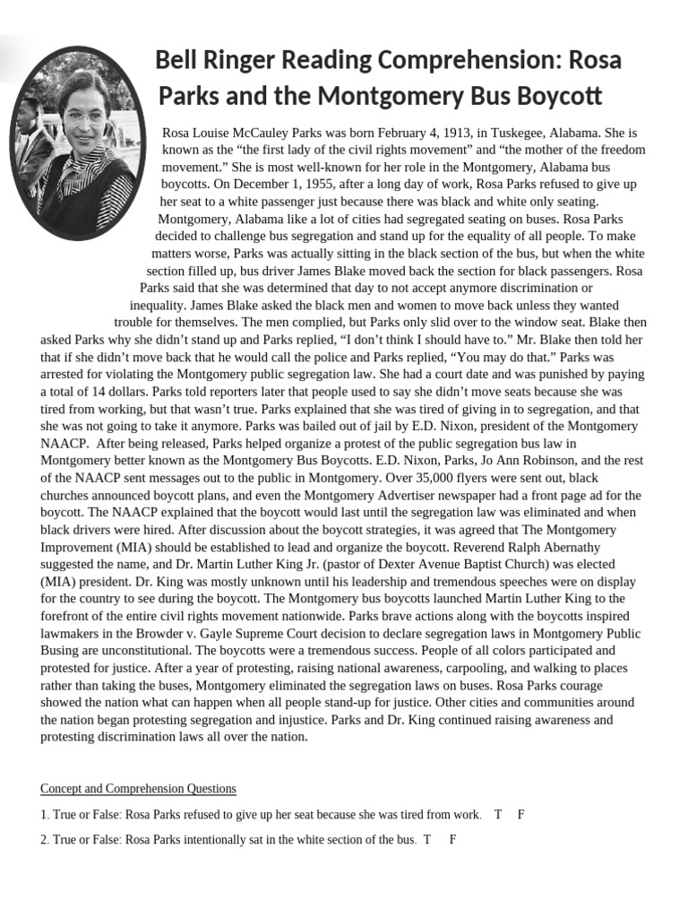 Bell Ringers Reading Comp | PDF | Rosa Parks | Society Of The United States
