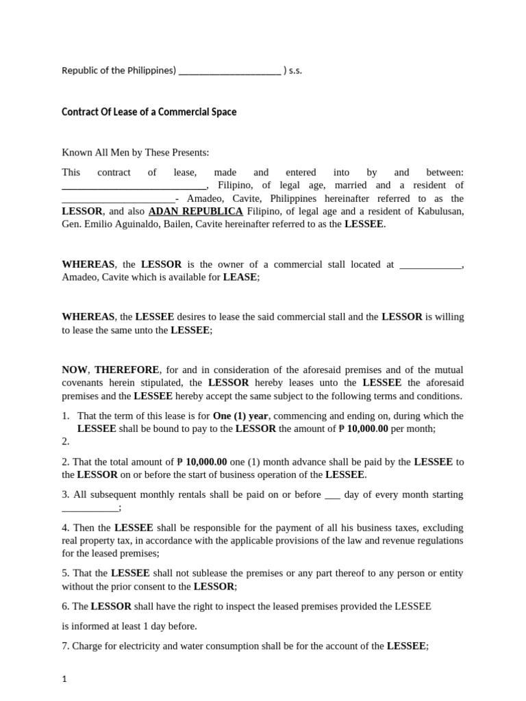 Contract of Lease of A Commercial Stall (2025) | PDF | Lease | Civil ...