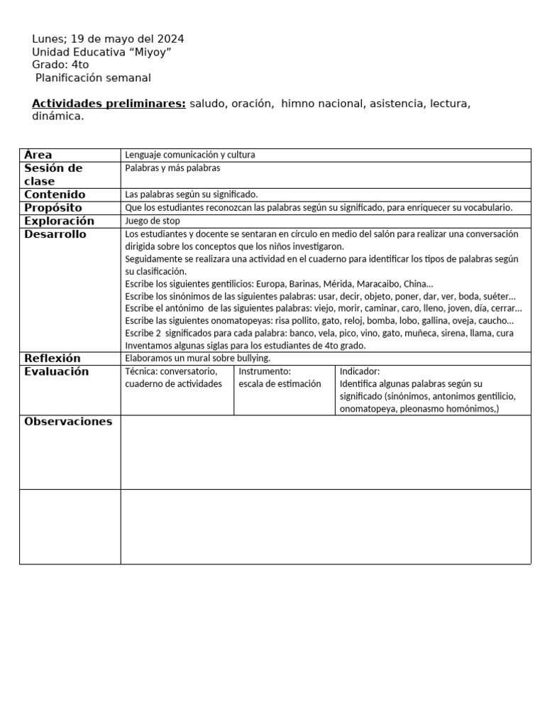 Planificación Semanal 4to Grado 2024 | PDF