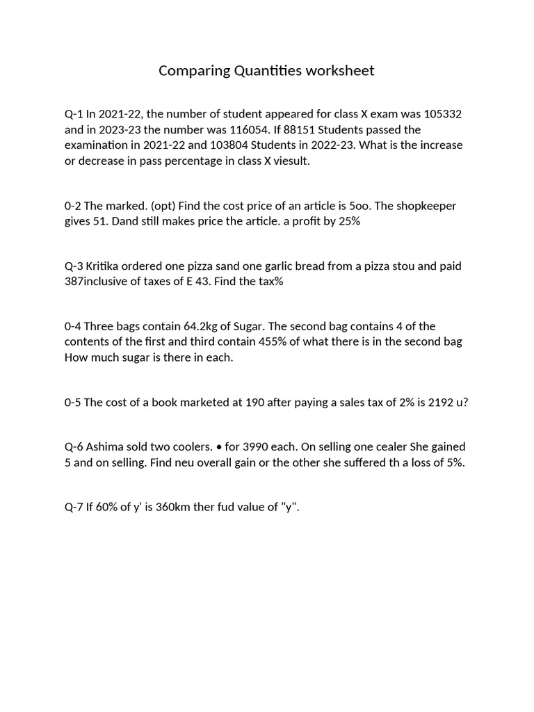 Comparing Quantities Worksheet | PDF