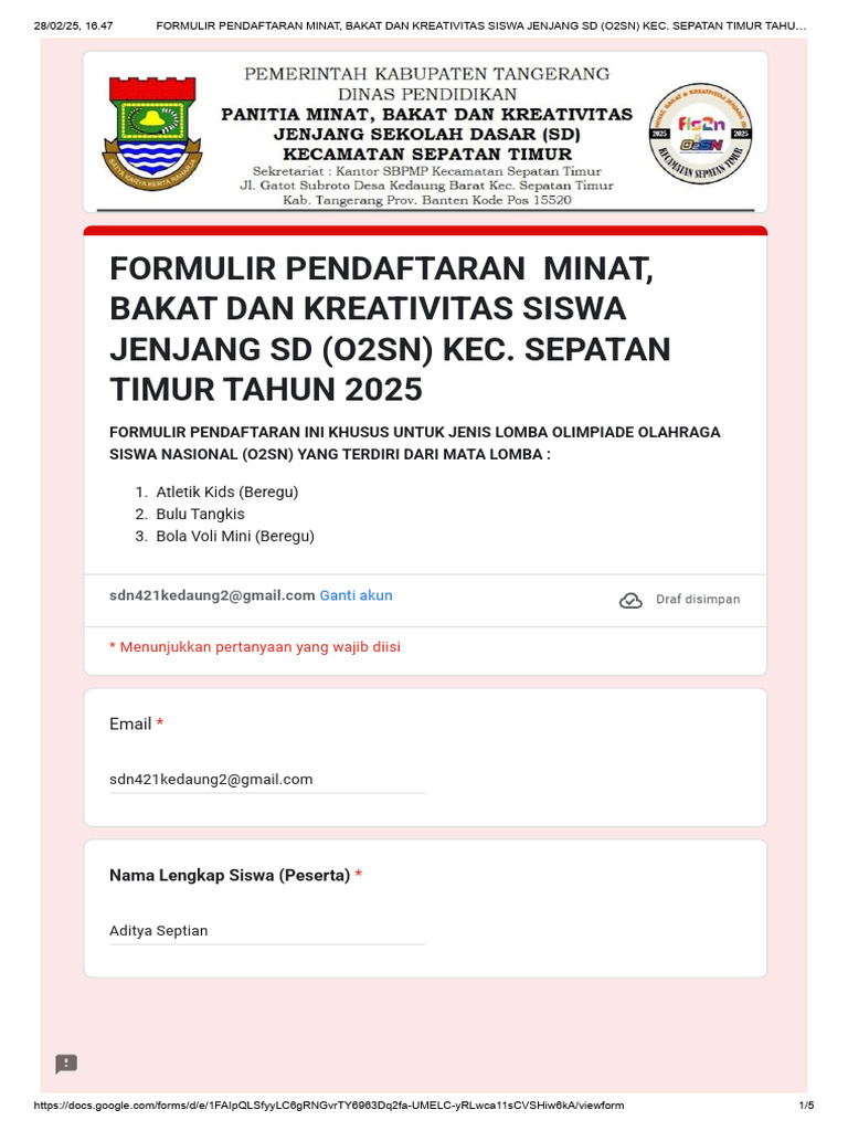 Formulir Pendaftaran Minat, Bakat Dan Kreativitas Siswa Jenjang SD (O2sn) Kec. Sepatan Timur ...