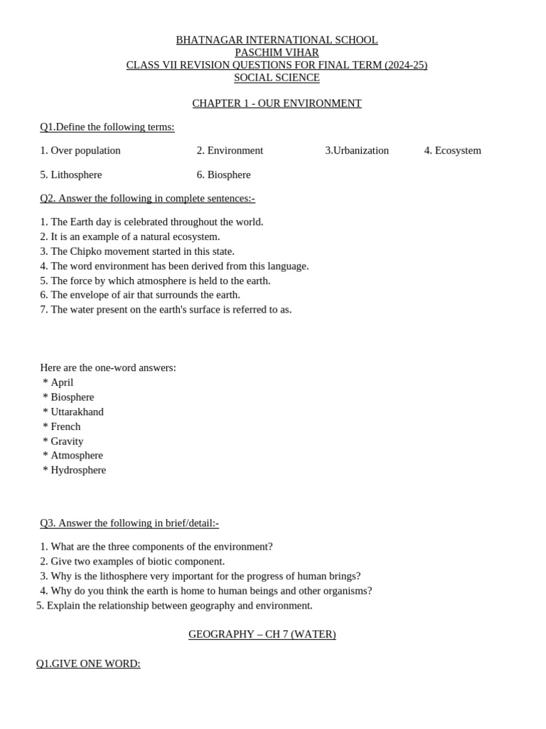 CLASS 7 WORKSHEET REVISION QUESTIONS GEOGRAPHY SESSION- 2024-25 | PDF ...