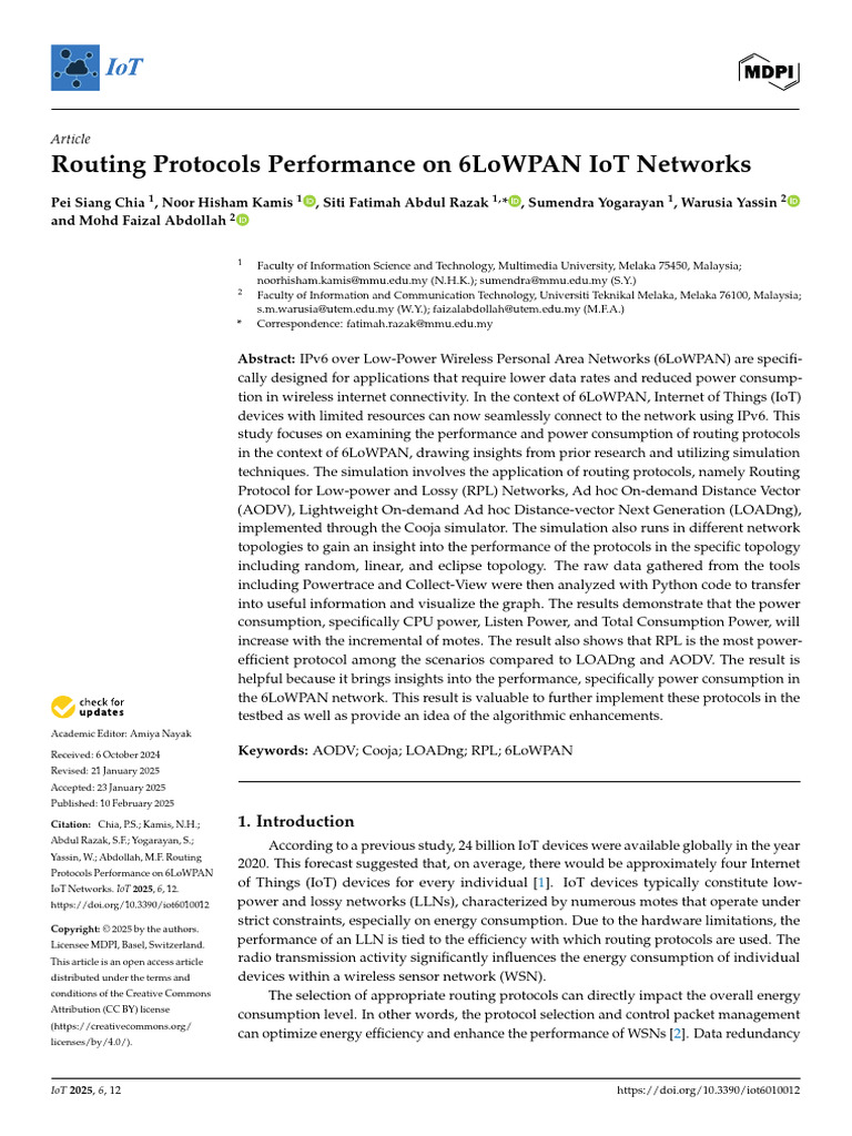 Routing Protocols Performance On 6LoWPAN IoT Networks | PDF | Routing | Computer Network