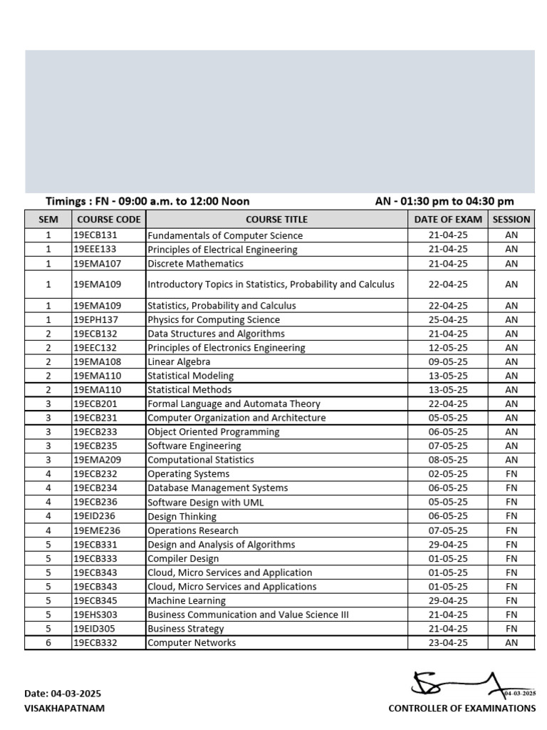 Btech Csbs Supplementary Time Table March-April-may-2025 | PDF ...