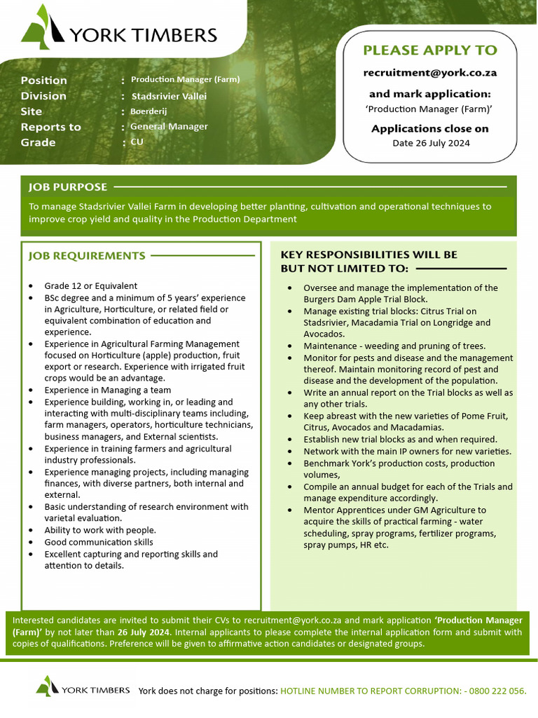 Vacancy - Production Manager (Farm) | PDF | Agriculture | Horticulture