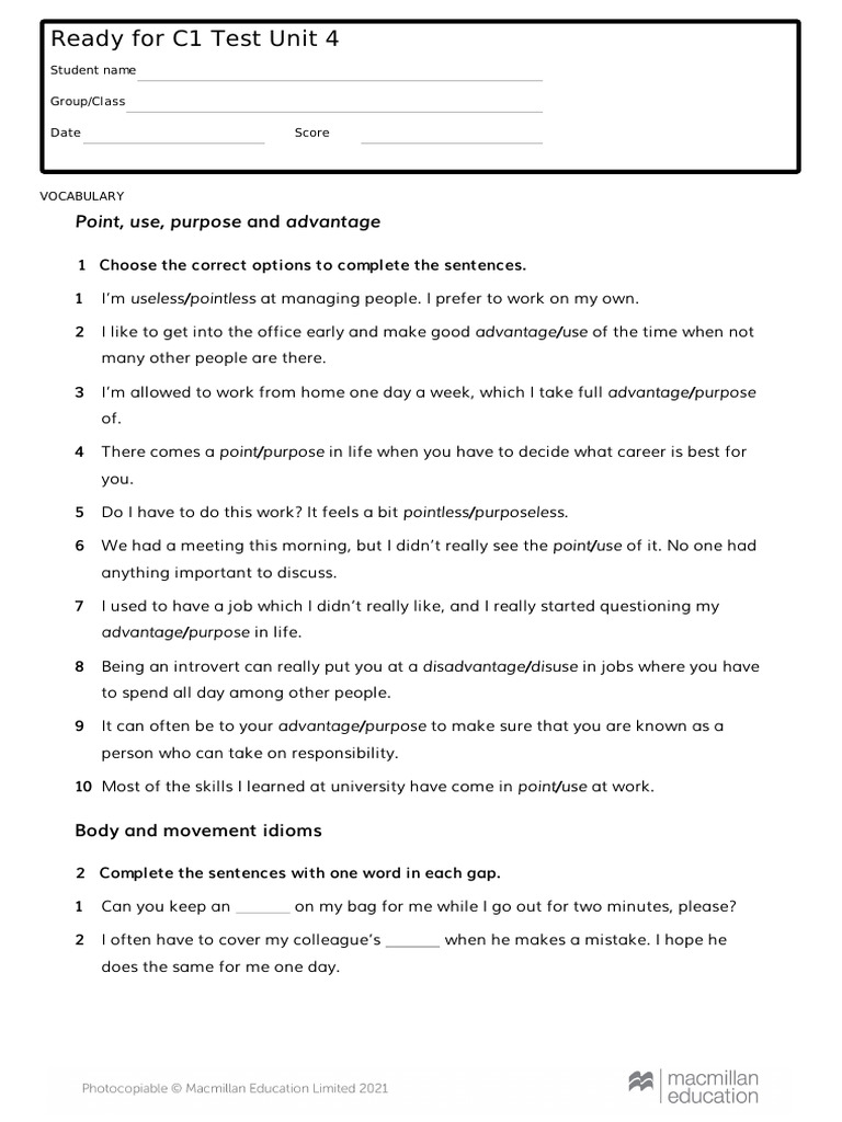 C1 Test Unit 4: Vocabulary & Idioms | PDF