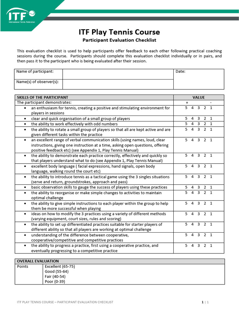 ITF Tennis Course Evaluation Checklist | PDF | Cognitive Science ...