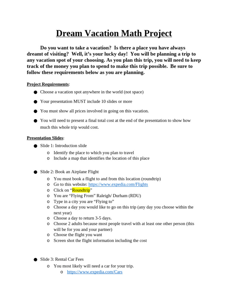 Copy of Dream Vacation Math Project | PDF | Menu | Restaurants