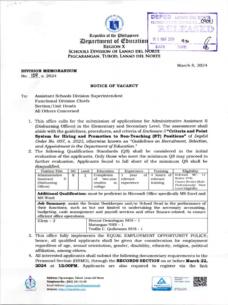 Notice of Vacancy - Administrative Assistant Ii (Disbursing Officer) | PDF