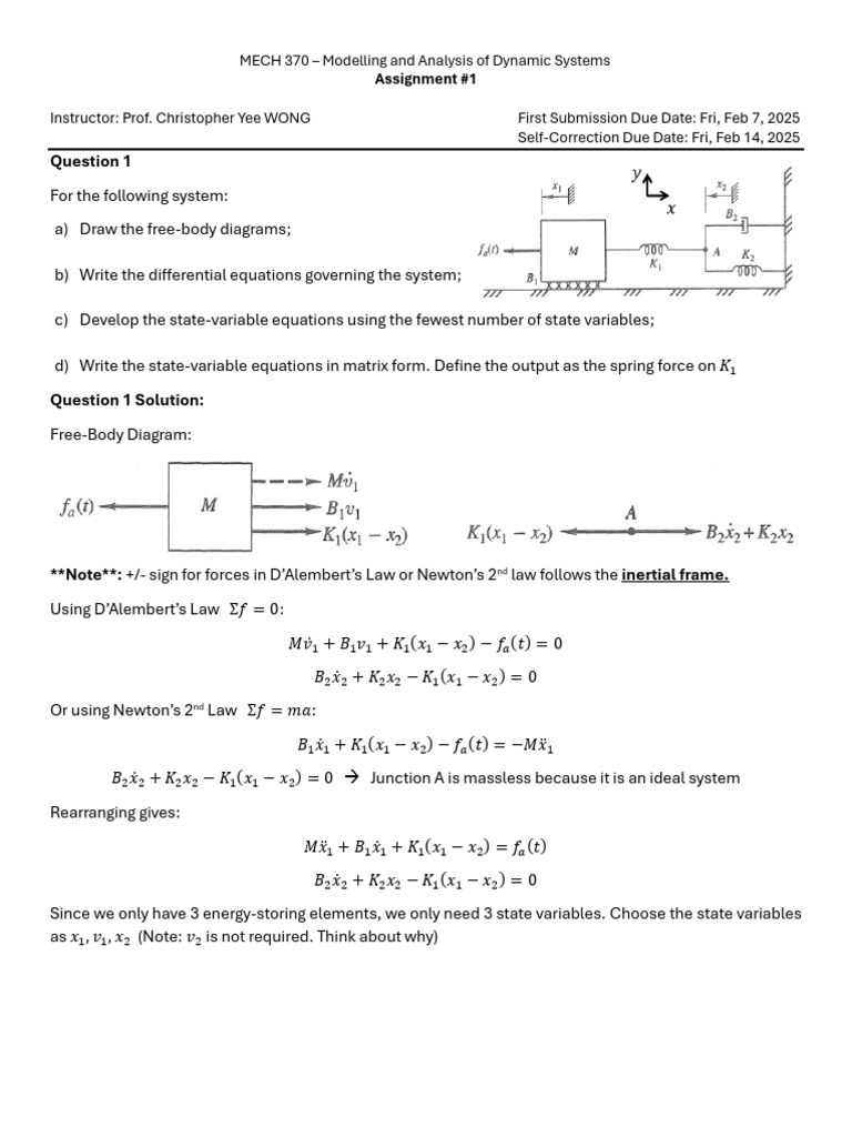 Dynamic Systems Analysis Assignment 1 | PDF | Force | Equations