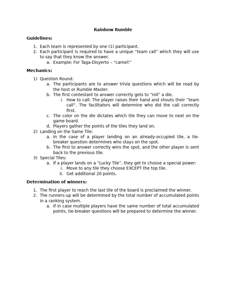 Rainbow Rumble Mechanics and Guidelines | PDF