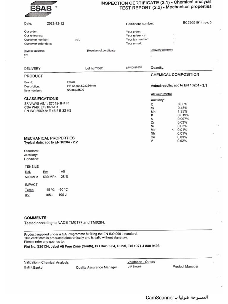 Electrodes 7018 Certificate 3.2mm | PDF
