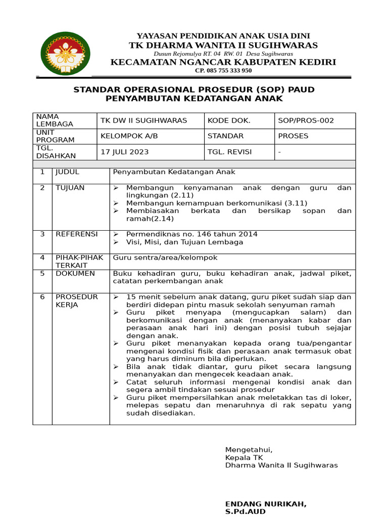 2 Sop Paud Penyambutan Kedatangan Anak | PDF