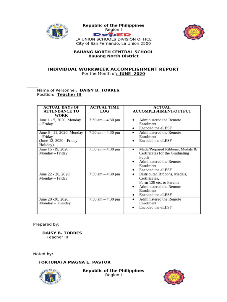 Teacher Accomplishment Report June-July 2020 | PDF | Workweek And ...