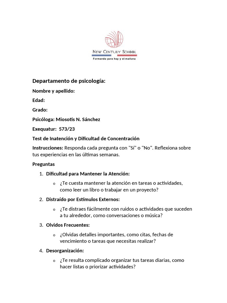 Test Inatencion y concentracion | PDF | Desorden hiperactivo y deficit ...
