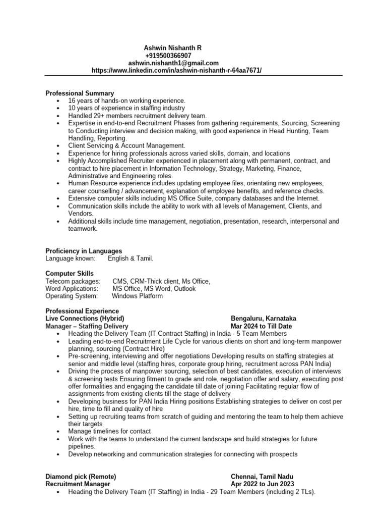Ashwin Nishanth R - Resume | PDF | Recruitment | Human Resources