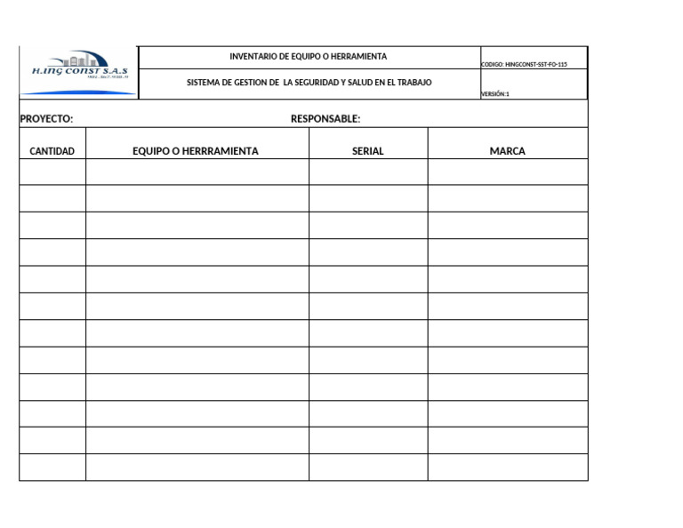 18-H.INGCONST-SST-FO-115 FORMATO DE INVENTARIO DE EQUIPO O HERRAMIENTA | PDF